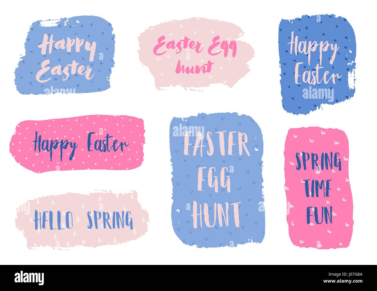 A set of colorful Easter banners with cute messages. Blue, lavender and ...