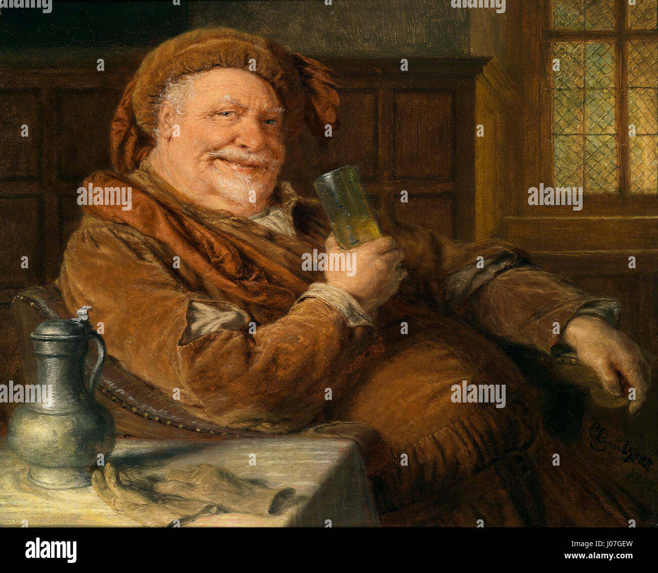 'Falstaff mit Zinnkanne und Weinglas' by Eduard Grützner depicts the ...