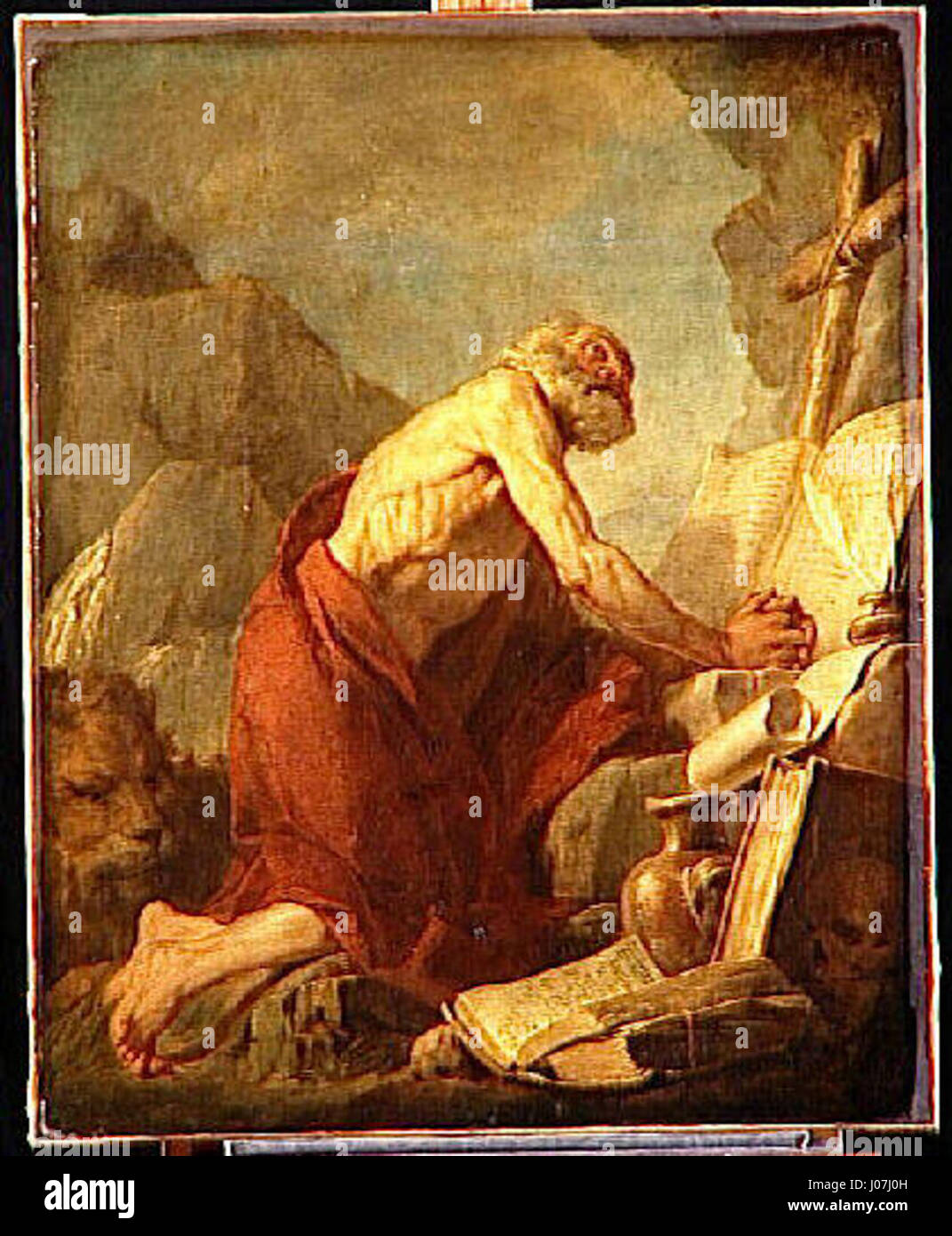 This anonymous artwork depicts Saint Jerome in the desert, a common theme in Christian art ...