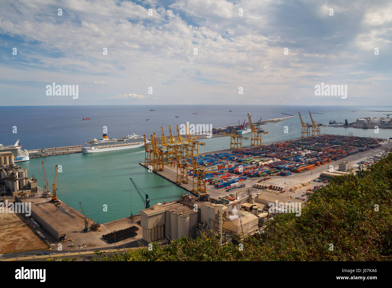 Aerial view of the port of Barcelona, with commercial importance as one ...