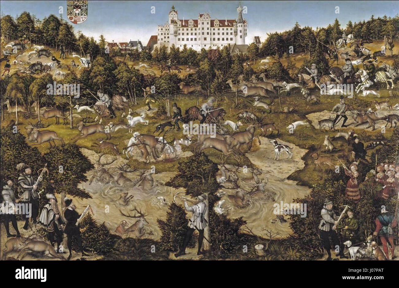 Lucas Cranach the Younger’s painting depicts a hunt held in honor of Emperor Charles V at the ...