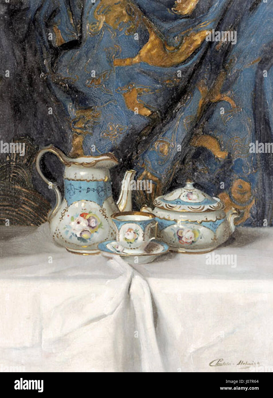 P. Molnár’s still-life painting featuring porcelain objects exemplifies ...