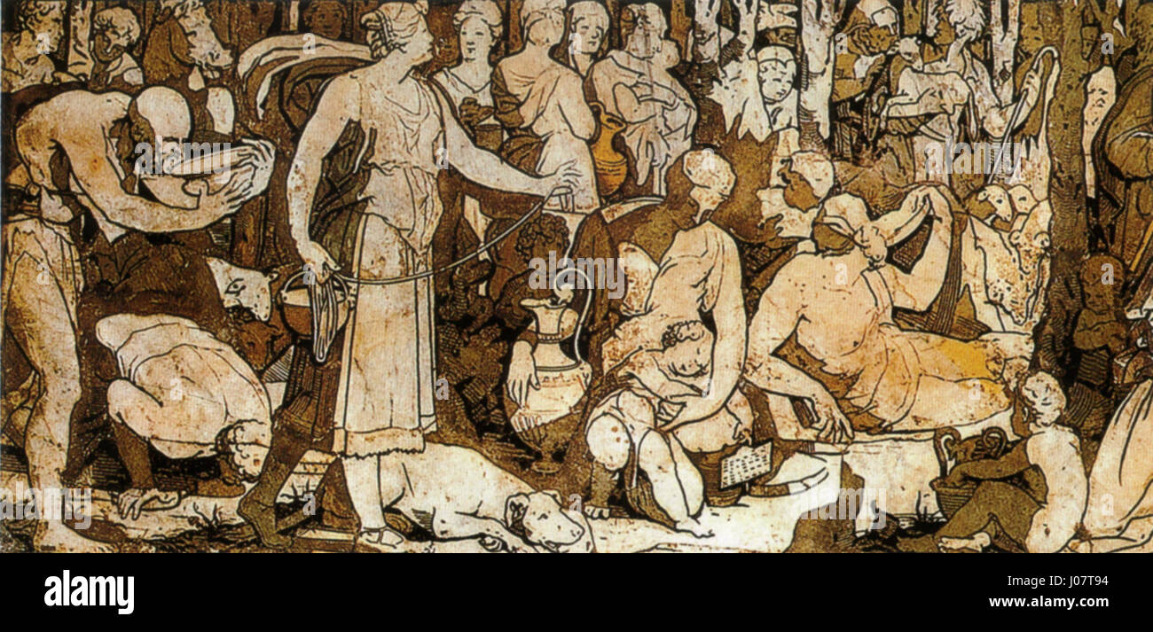 This artwork depicts the biblical scene where Moses strikes the rock at ...