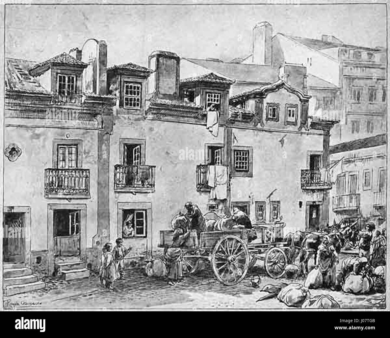 *Casas do Largo do Rato* by Roque Gameiro is a watercolor that depicts ...