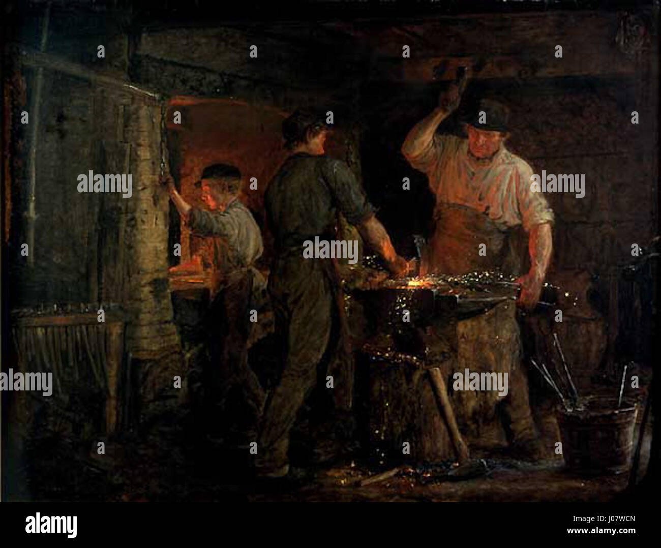 'Smedjen i Hornbæk' (The Smithy in Hornbæk) by P. S. Krøyer depicts a ...