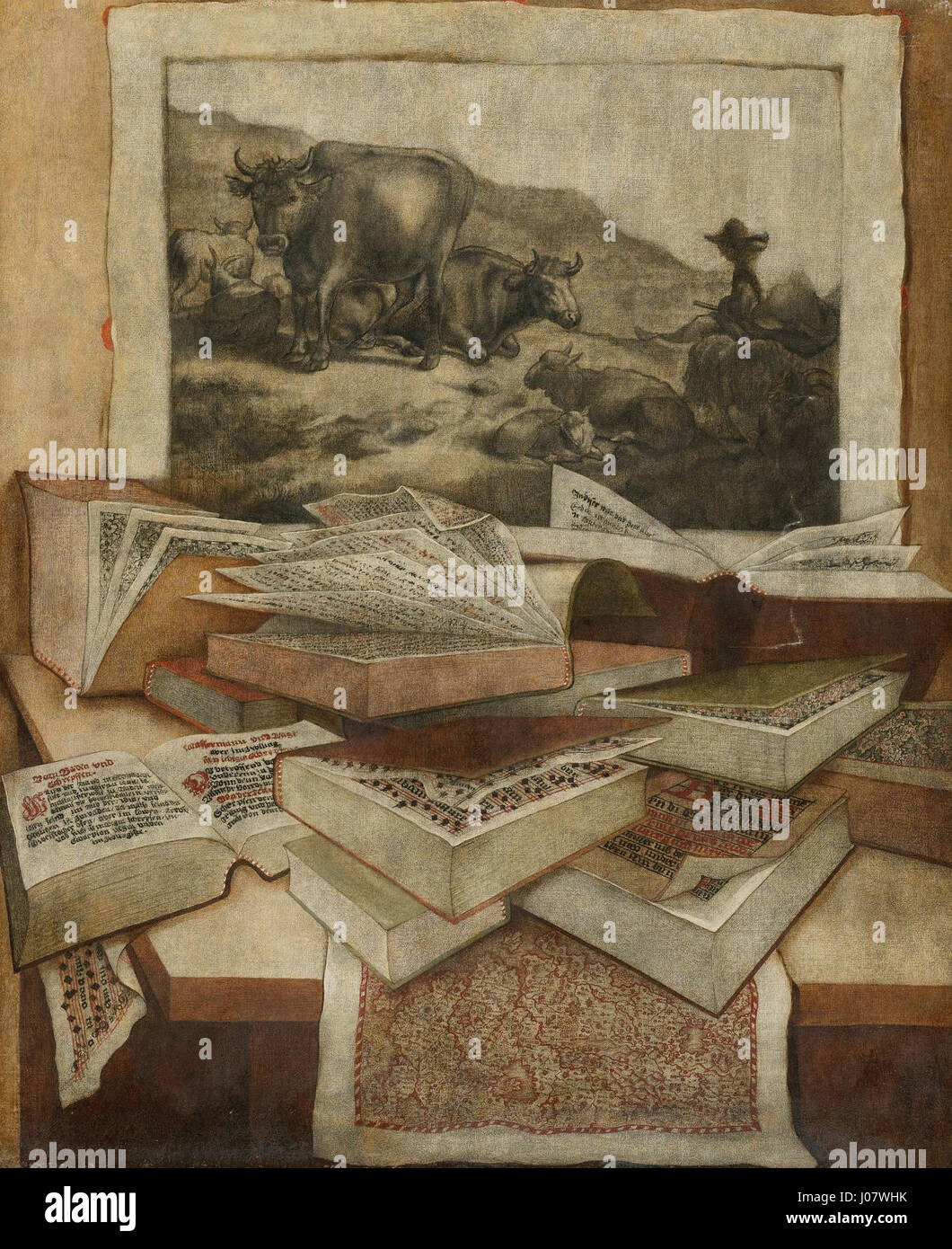 This still life painting shows books, engravings, and maps, reflecting ...