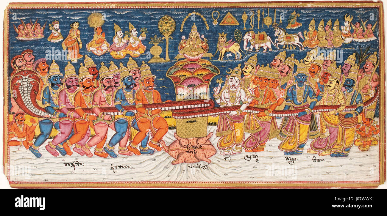 This artwork depicts the mythological event of the churning of the ...