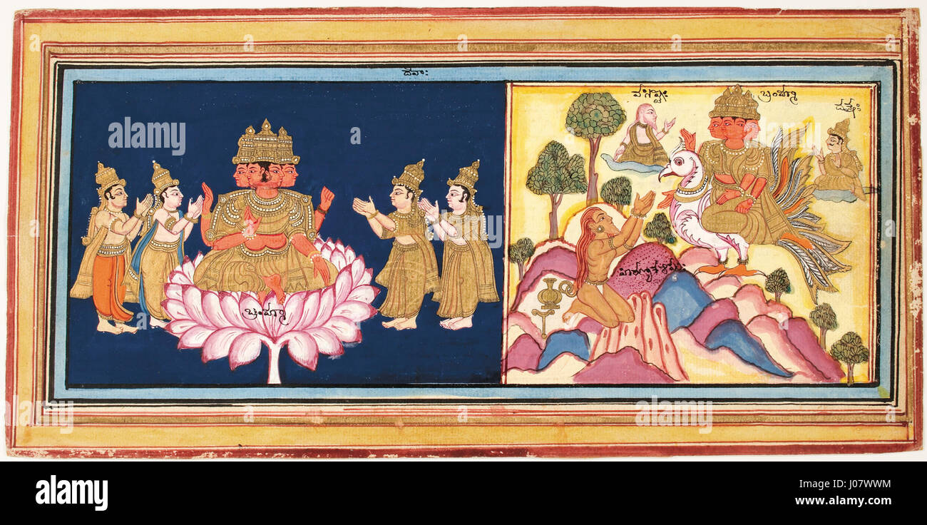This artwork depicts Brahma, the Hindu god of creation, on his swan in ...