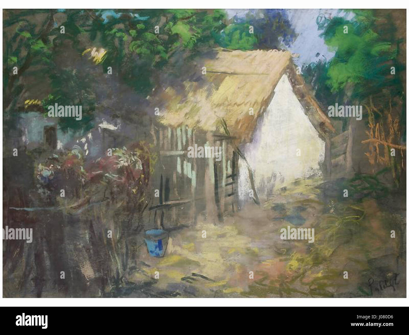 The painting titled 'P ldy Peasant House' depicts a simple rural ...