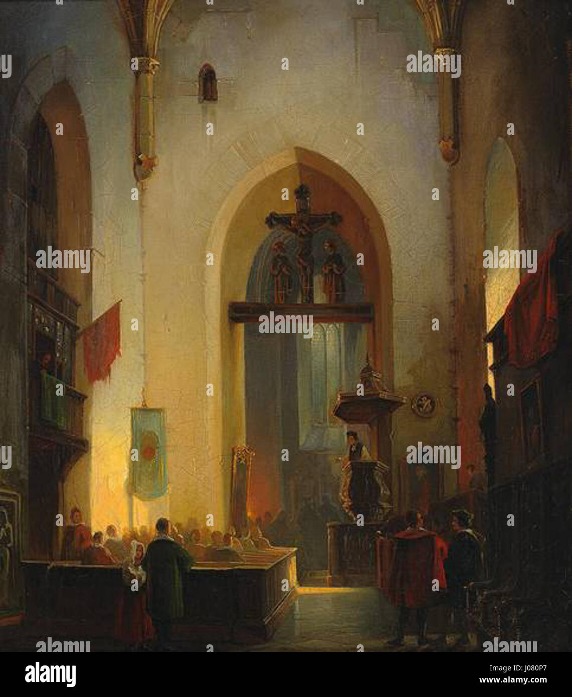 This painting captures the interior of a church during a sermon ...