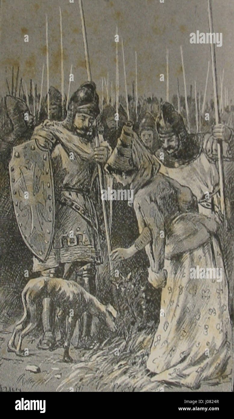 'Légende de la Hougue-Bie' by Loevy illustrates a historical scene set ...