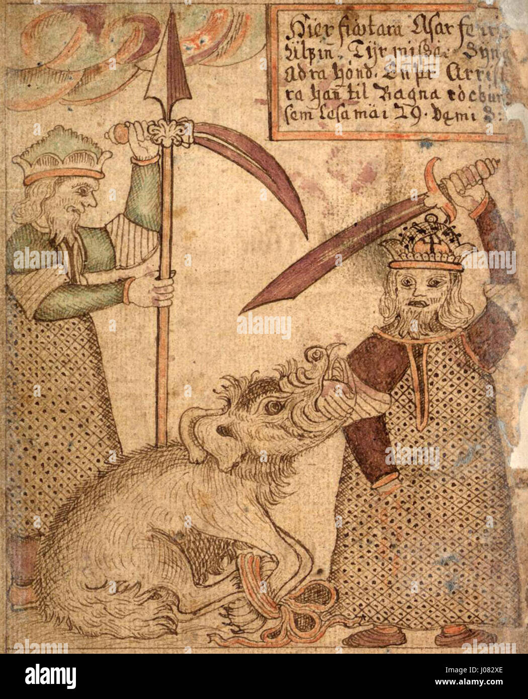 ‘SµM 66, 78v’ depicts the Norse mythological figures Fenrir, the wolf ...