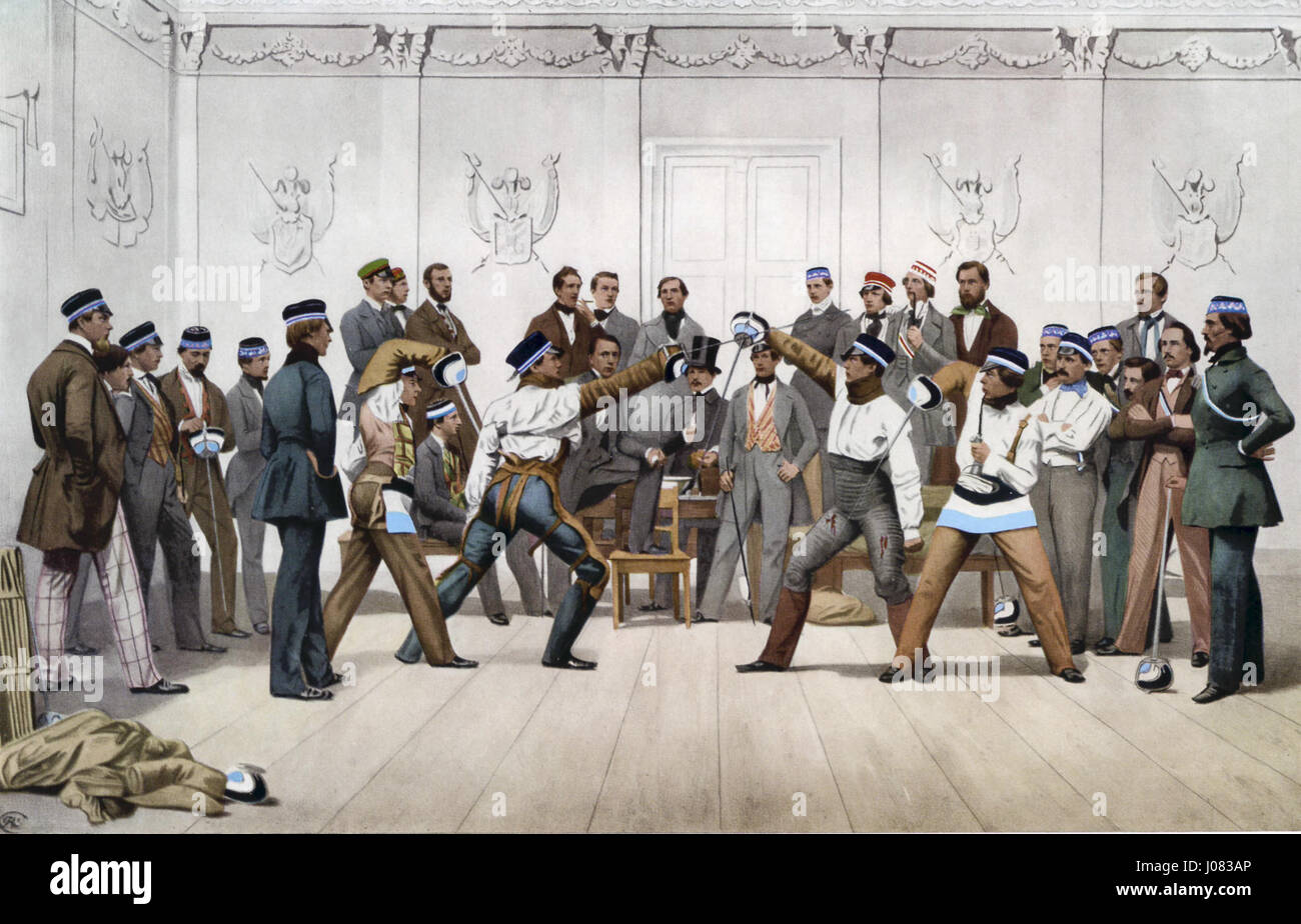 This 1847 lithograph depicts the tradition of Mensur fencing at the ...