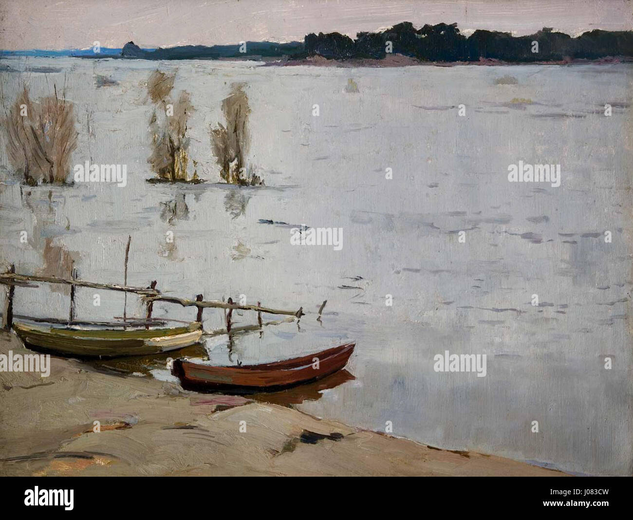 'Boote am Isar-Ufer' (Boats on the Isar Riverbank) is a painting by ...