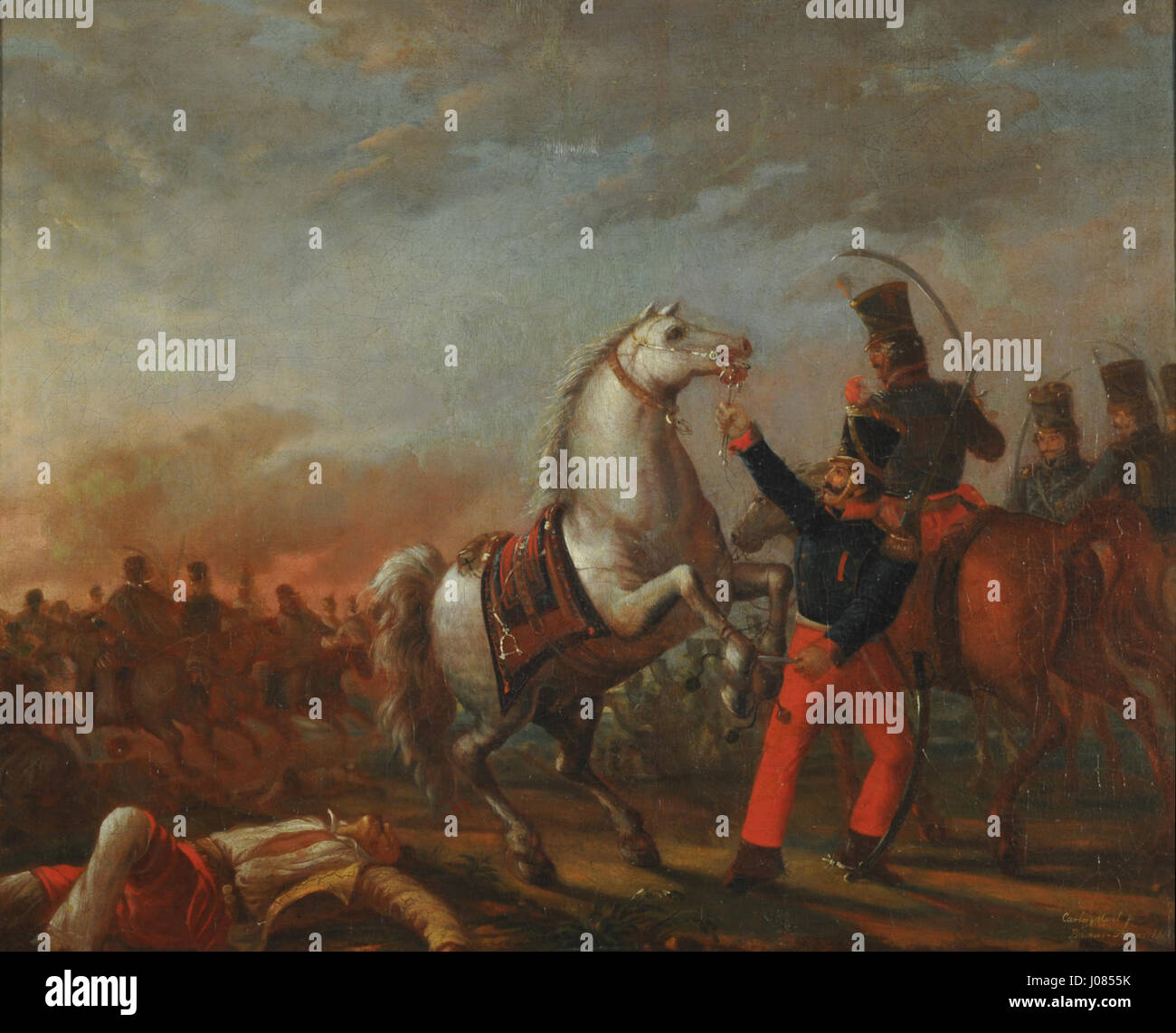This painting depicts a dramatic cavalry charge, capturing motion ...