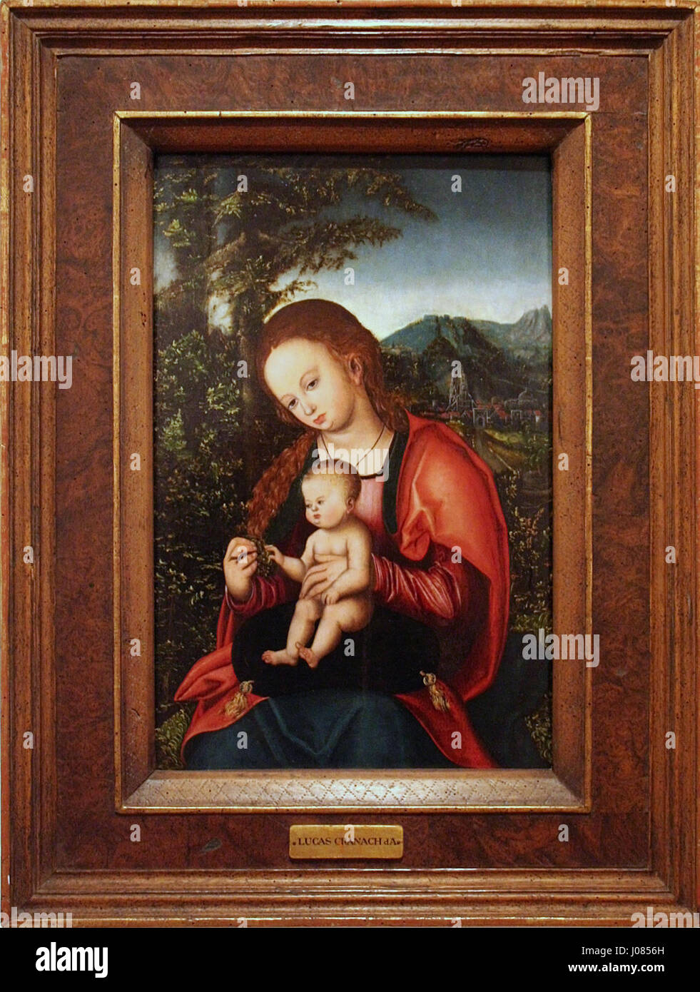 This painting by Lucas Cranach the Elder, titled 'Madonna with Child,' depicts the Virgin Mary ...