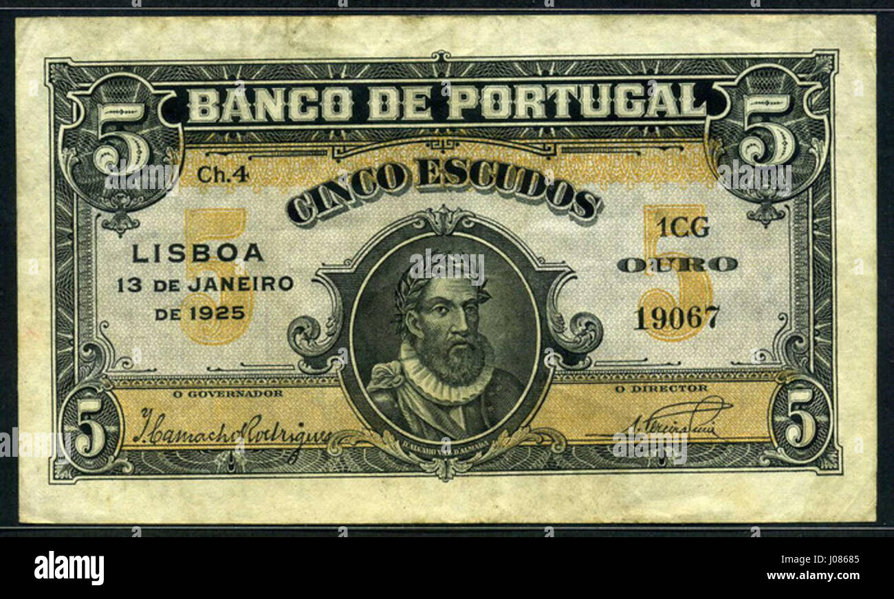 Portugal currency 5 Escudos banknote of 1925, Álvaro Vaz de Almada ...