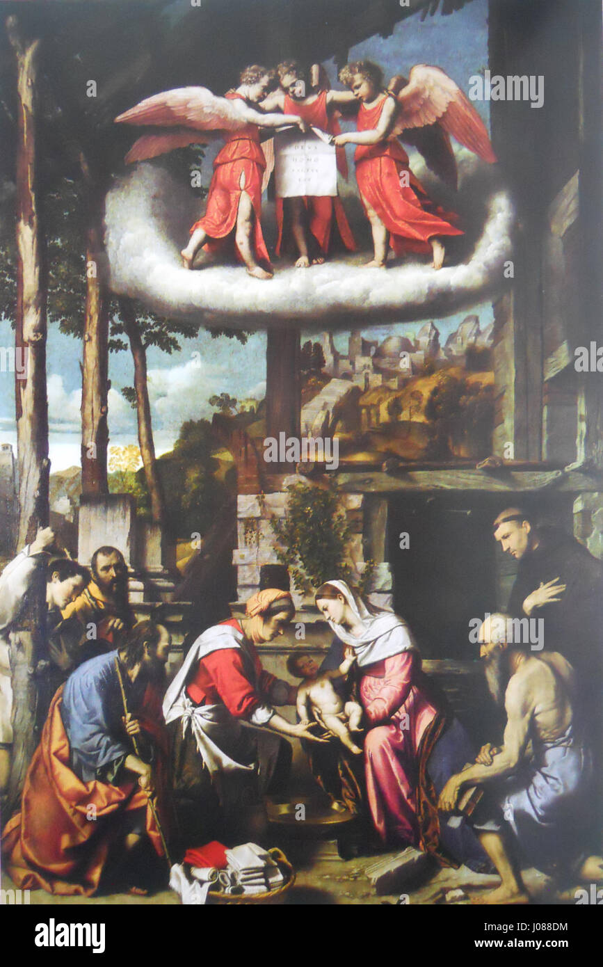This Italian painting represents the Nativity of Jesus with St. Jerome ...