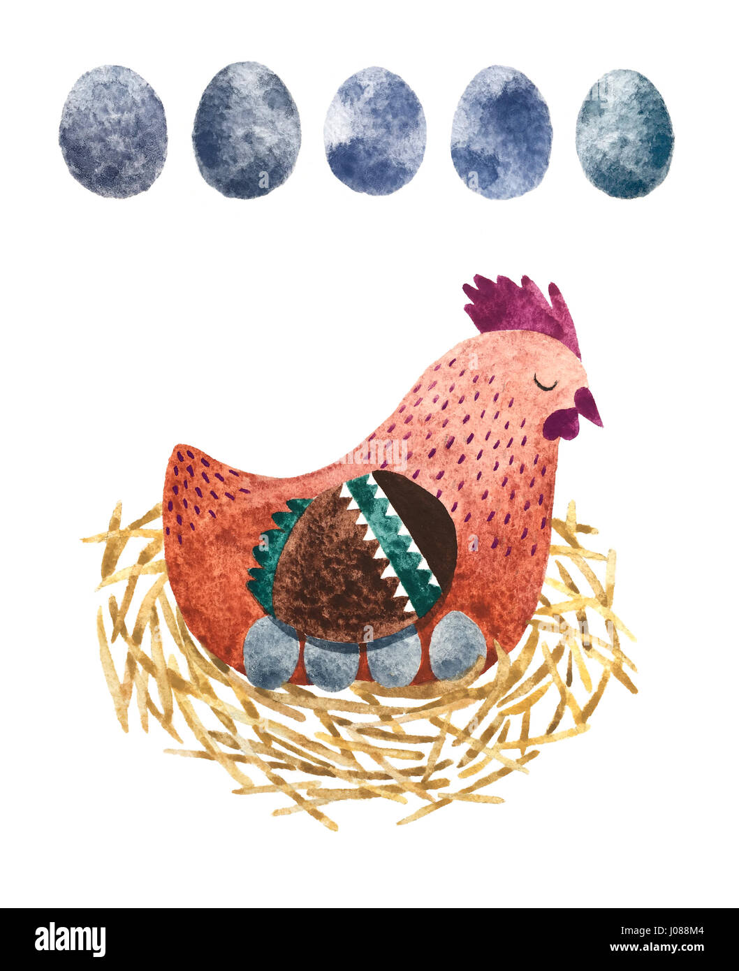 Watercolor Hand Drawn Hen With Nest And Eggs Isolated On White