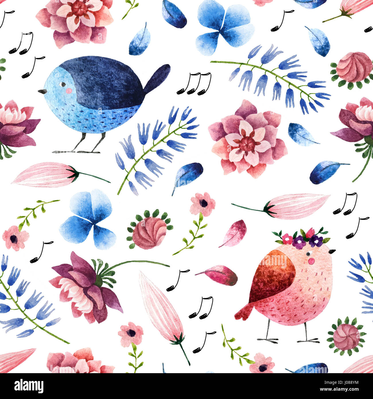 Seamless pattern with hand drawn decorative birds and flowers. Isolated ...