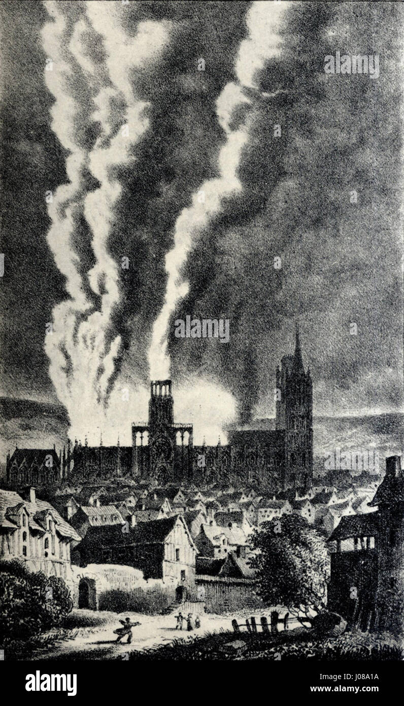 The 'Incendie de la flèche en 1852' depicts the fire that destroyed the ...