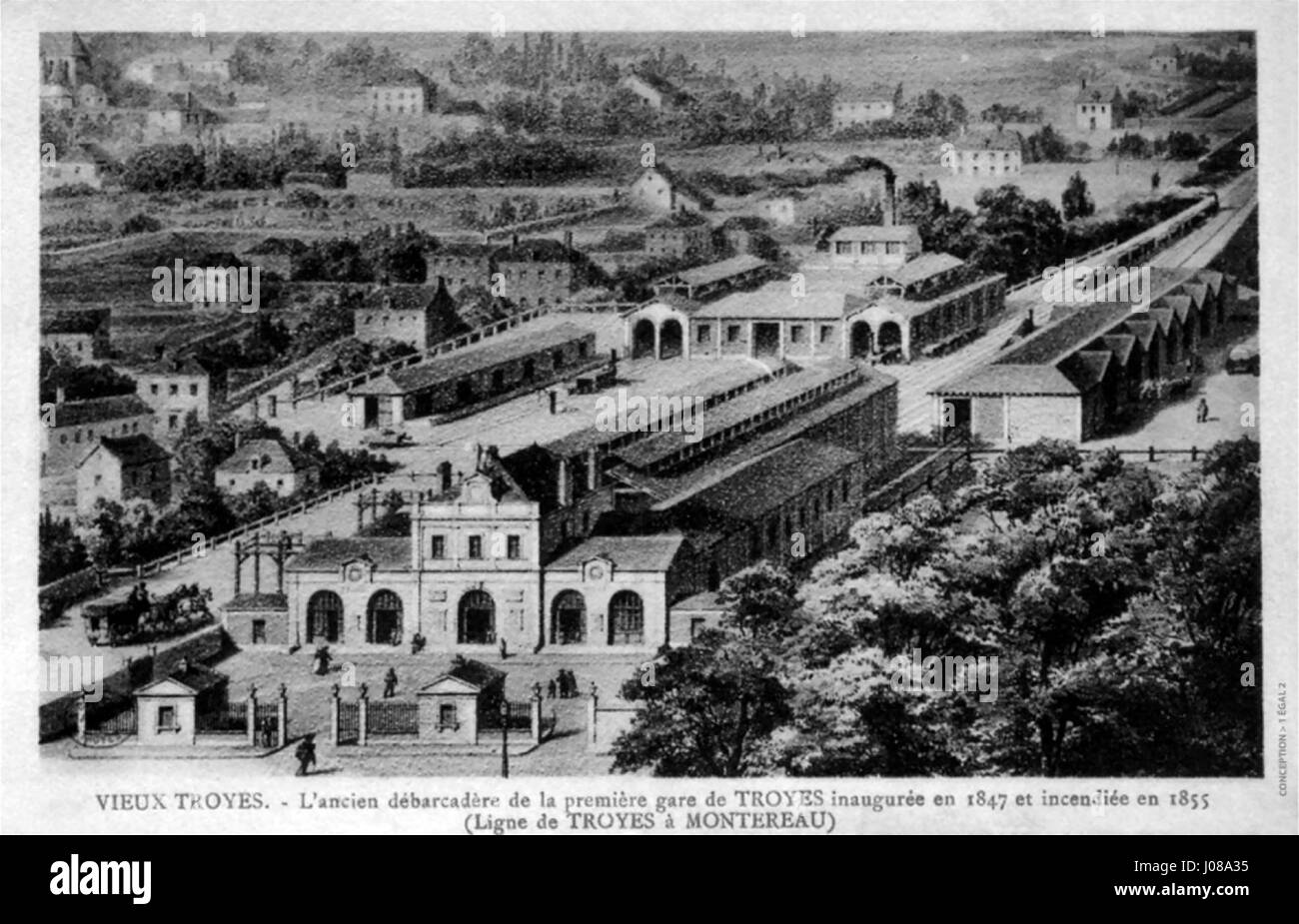 This engraving shows the Gare de Troyes, a historic train station in ...