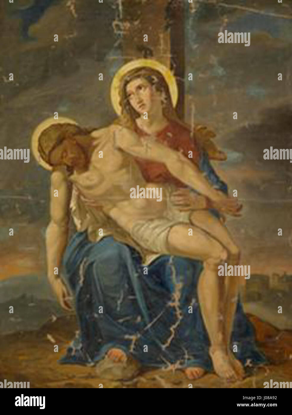 Pavel Kříž’s *Pietà* is a religious painting depicting the Virgin Mary holding the body of ...