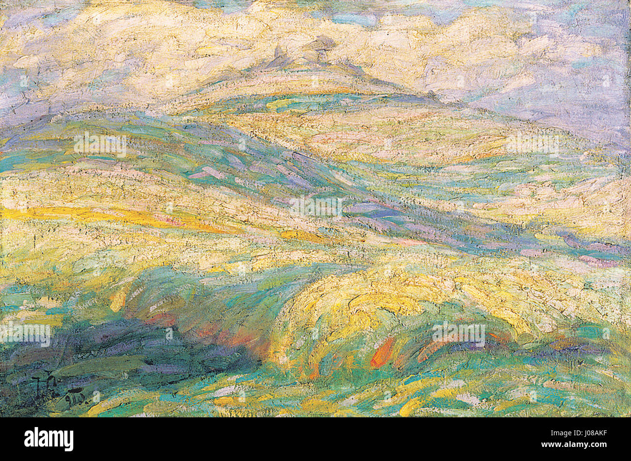 Ivan Grohar's 'Hribcek' is a pastoral landscape painting that captures ...
