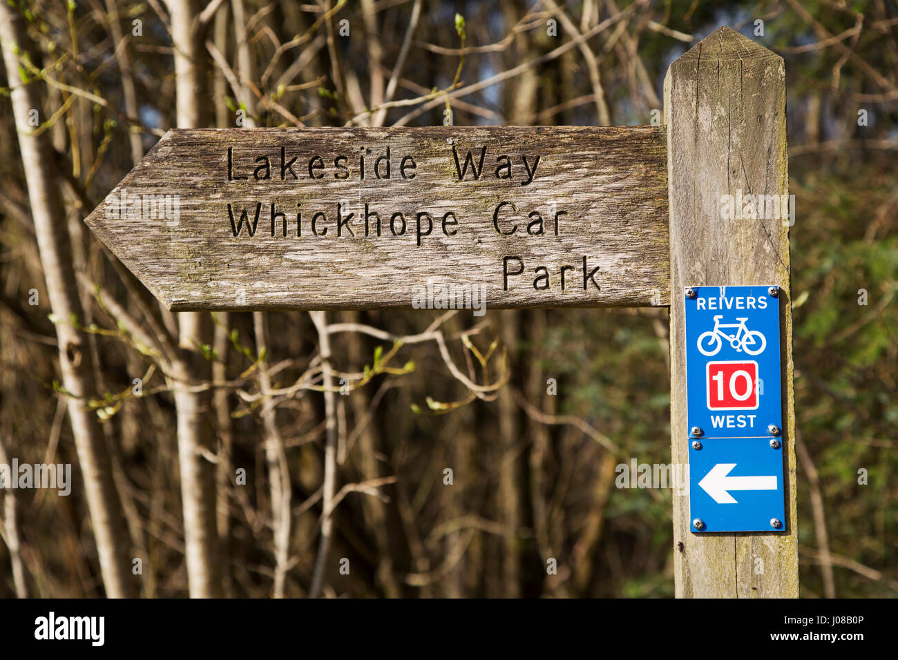 Sign for the footpath to Whickhope Car Park in Kielder Forest Park in ...