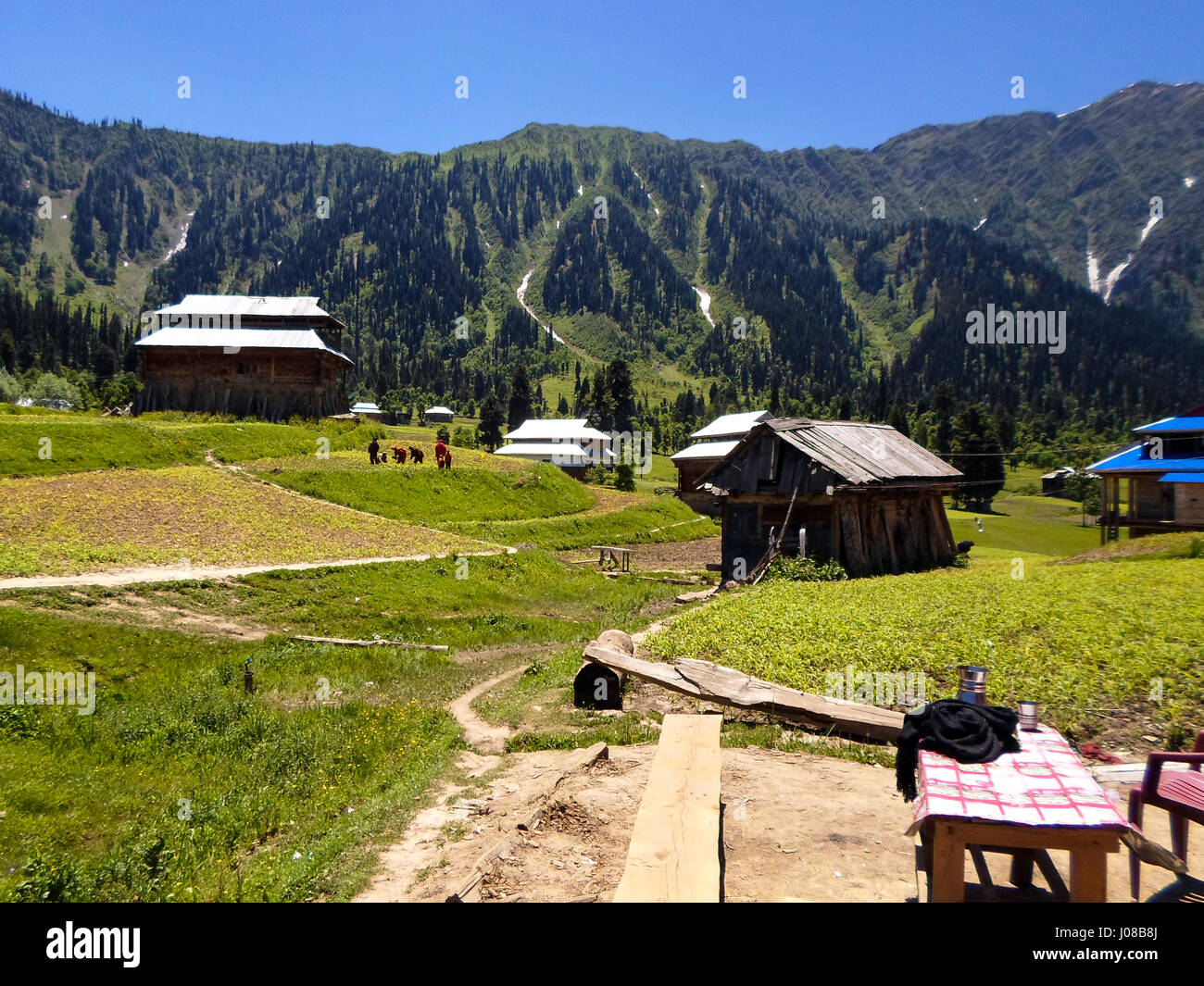 Wooden hut houses in the Kashmir valley around the Line of control ...