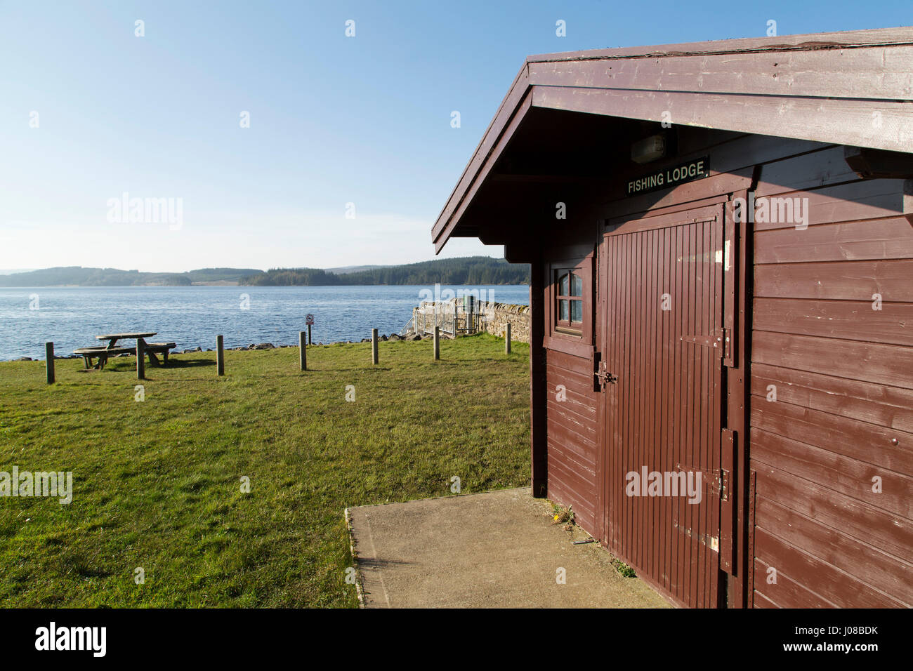 Fishing lodge by Kielder Lake in Northumberland, England. The lake ...