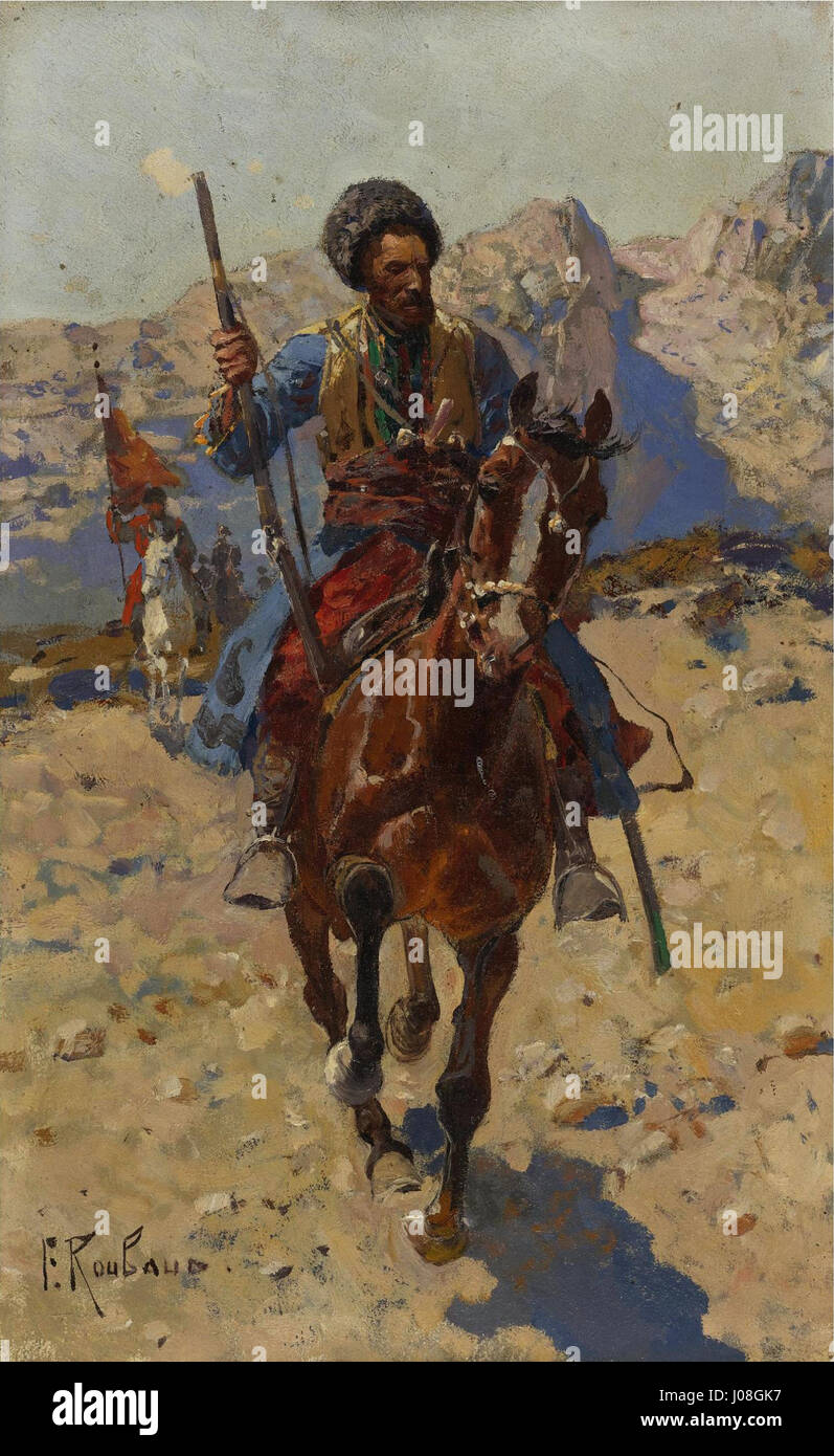 This artwork, titled 'Cossack Troop on the Don', illustrates a Cossack ...