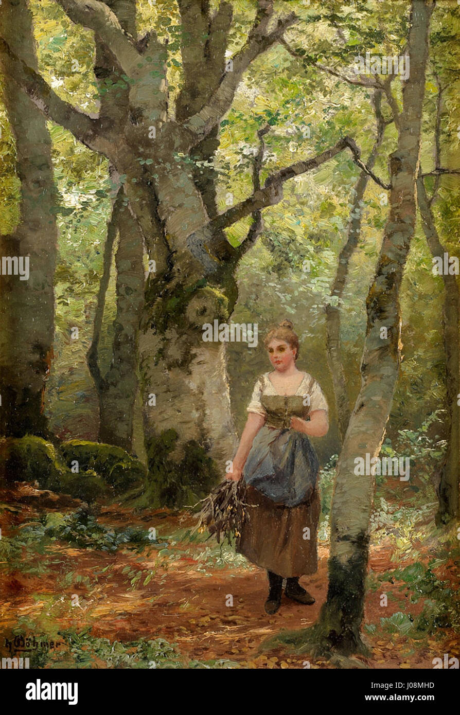 This painting by Heinrich Böhmer titled 'Reisigsammlerin' depicts a ...