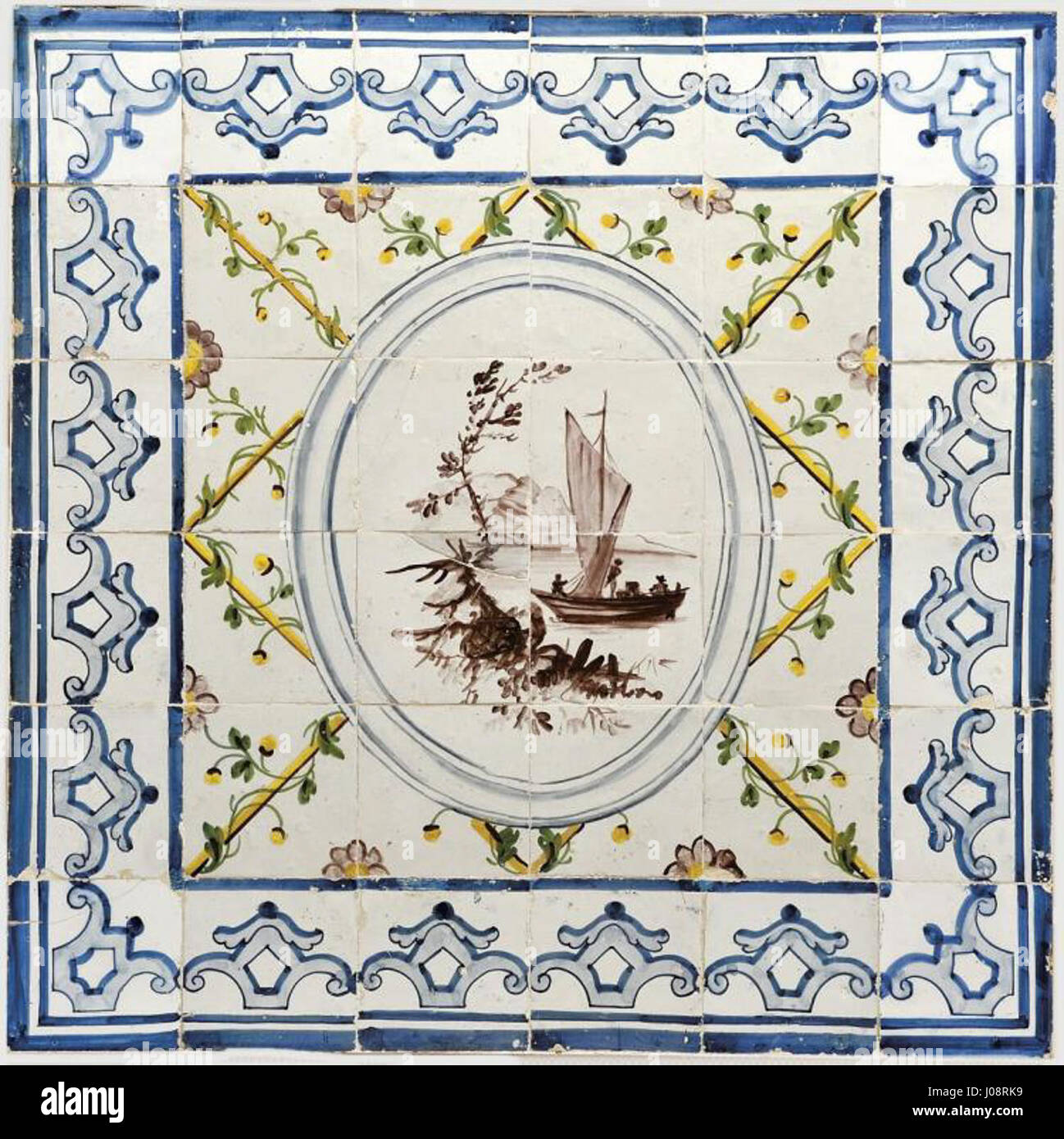 This neoclassical tile panel ('azulejos') features intricate designs ...