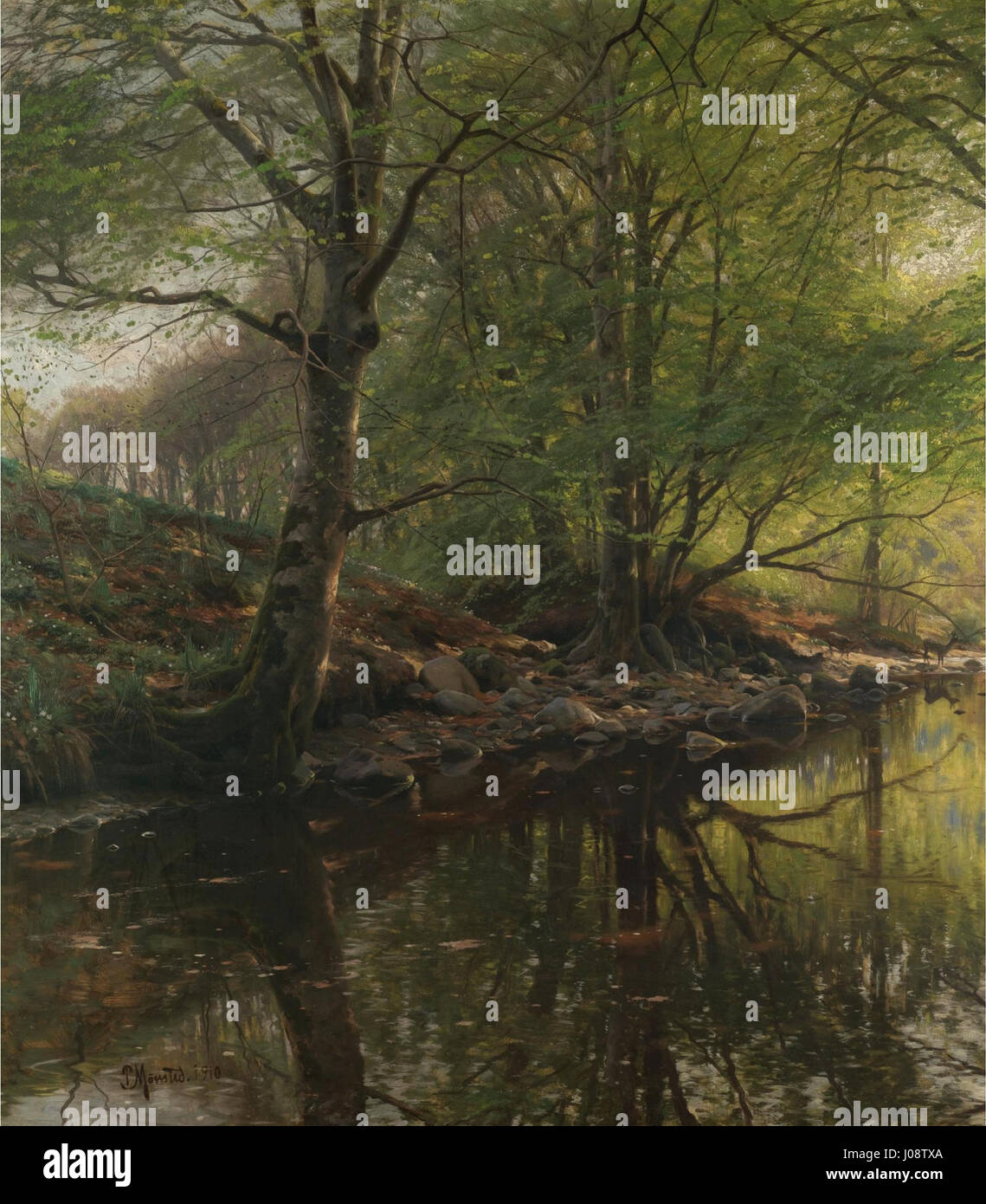 'Skovbæk' (Forest Brook) by Peder Mønsted depicts a serene landscape ...