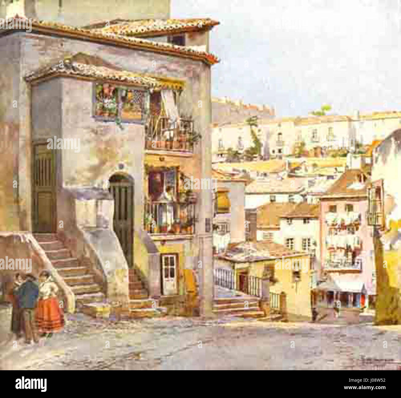 Roque Gameiro's 'Casa no Largo do Menino Deus' is a watercolor painting ...