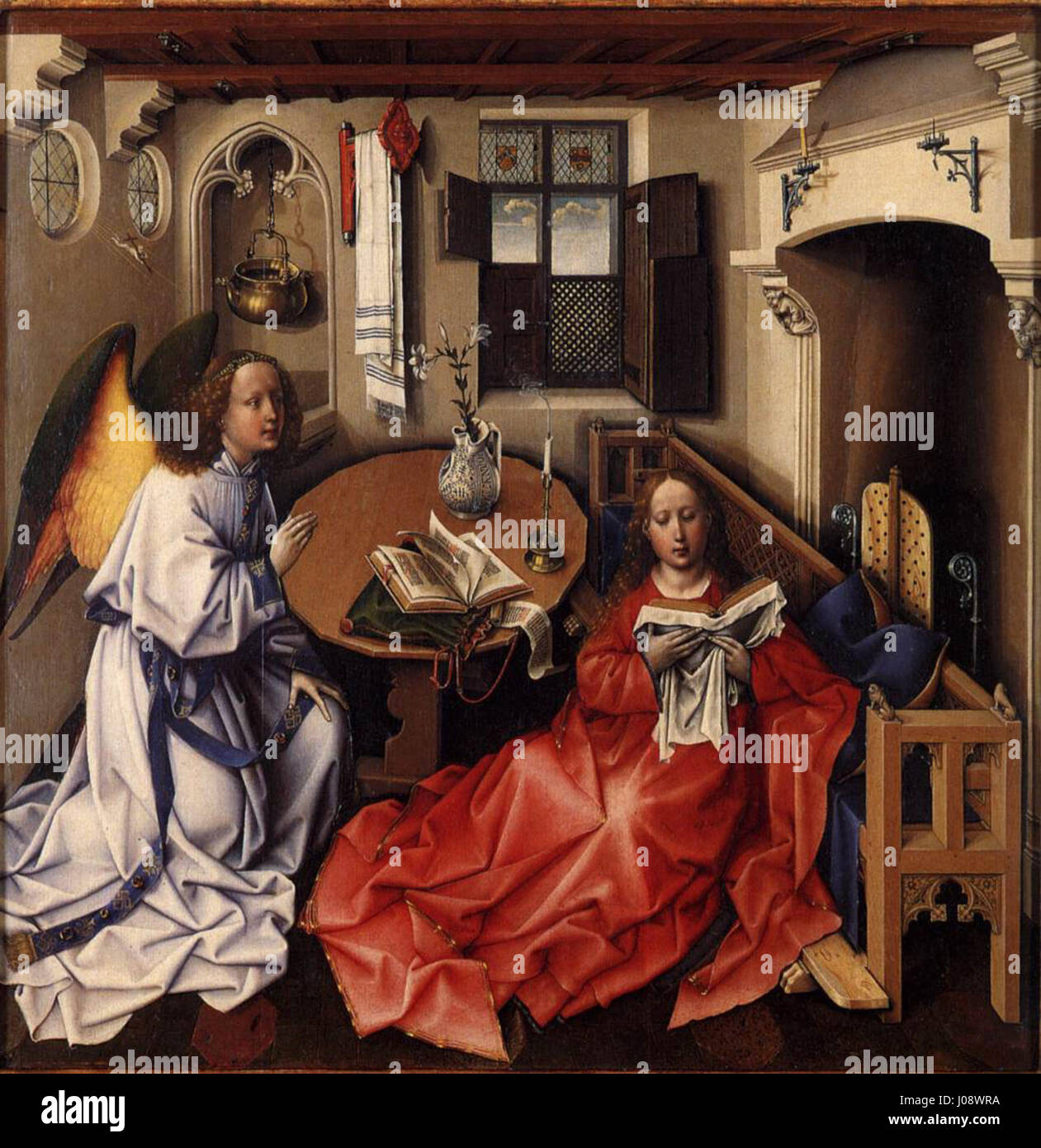 The Mérode Altarpiece by Robert Campin is a renowned early Netherlandish painting depicting the ...