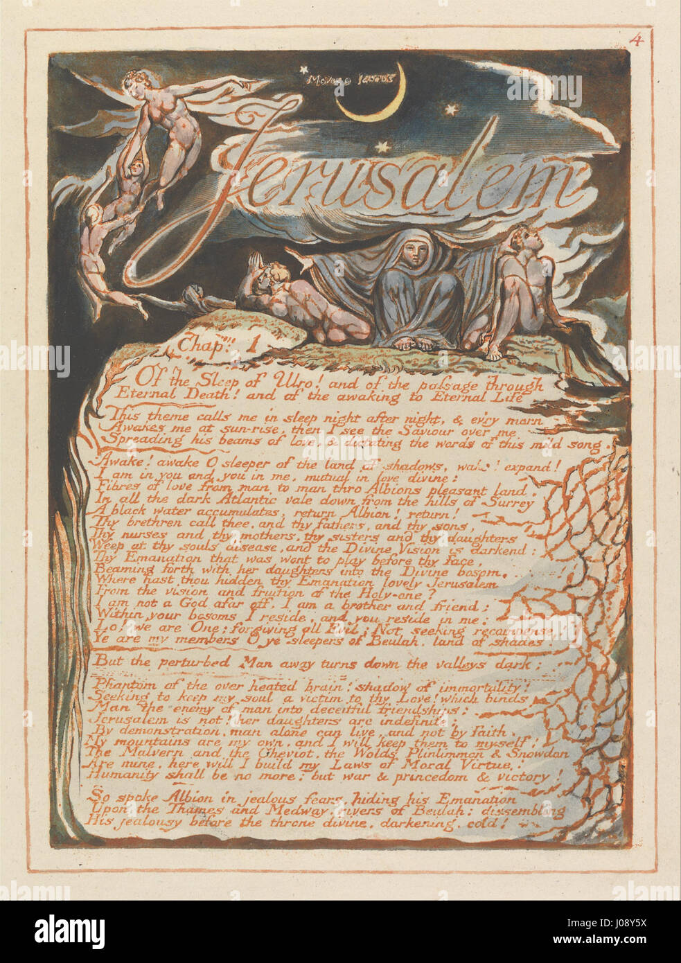 William Blake's Plate 4 from his 'Jerusalem' series, Chapter 1, depicts ...