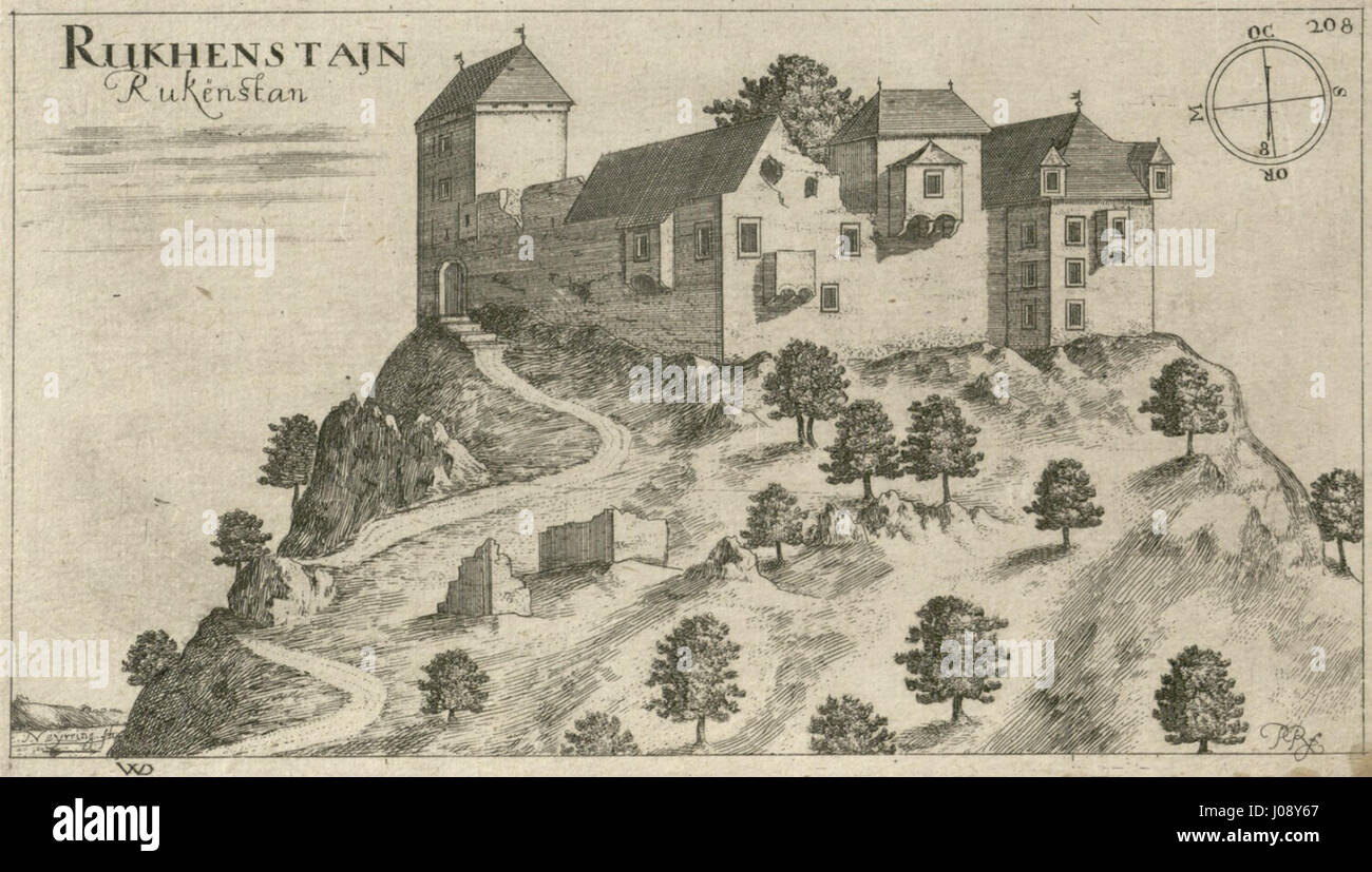 A work by Valvasor depicting 'Grad Rekstanj', likely an illustration or ...