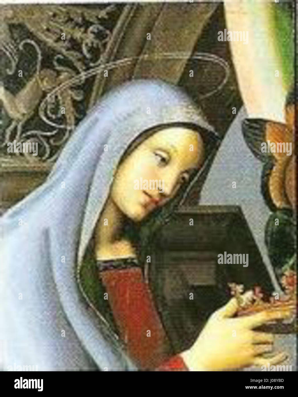 This painting features the Virgin Mary in a retable (altarpiece ...