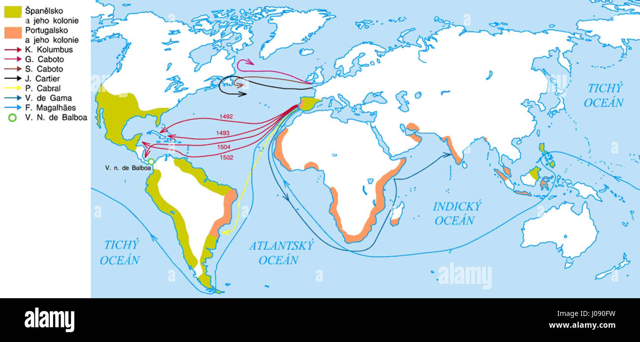 ‘Z morské cesty Portugalců a Španělů’ depicts the maritime voyages of ...