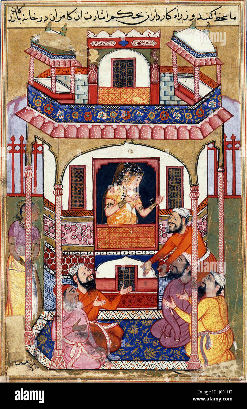 This scene from the 'Cleveland-Tuti-nama,' created around 1570, shows a ...
