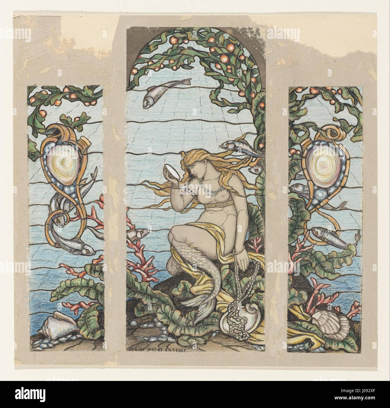 Elihu Vedder - The Mermaid Window , Design for Stained Glass Window for ...