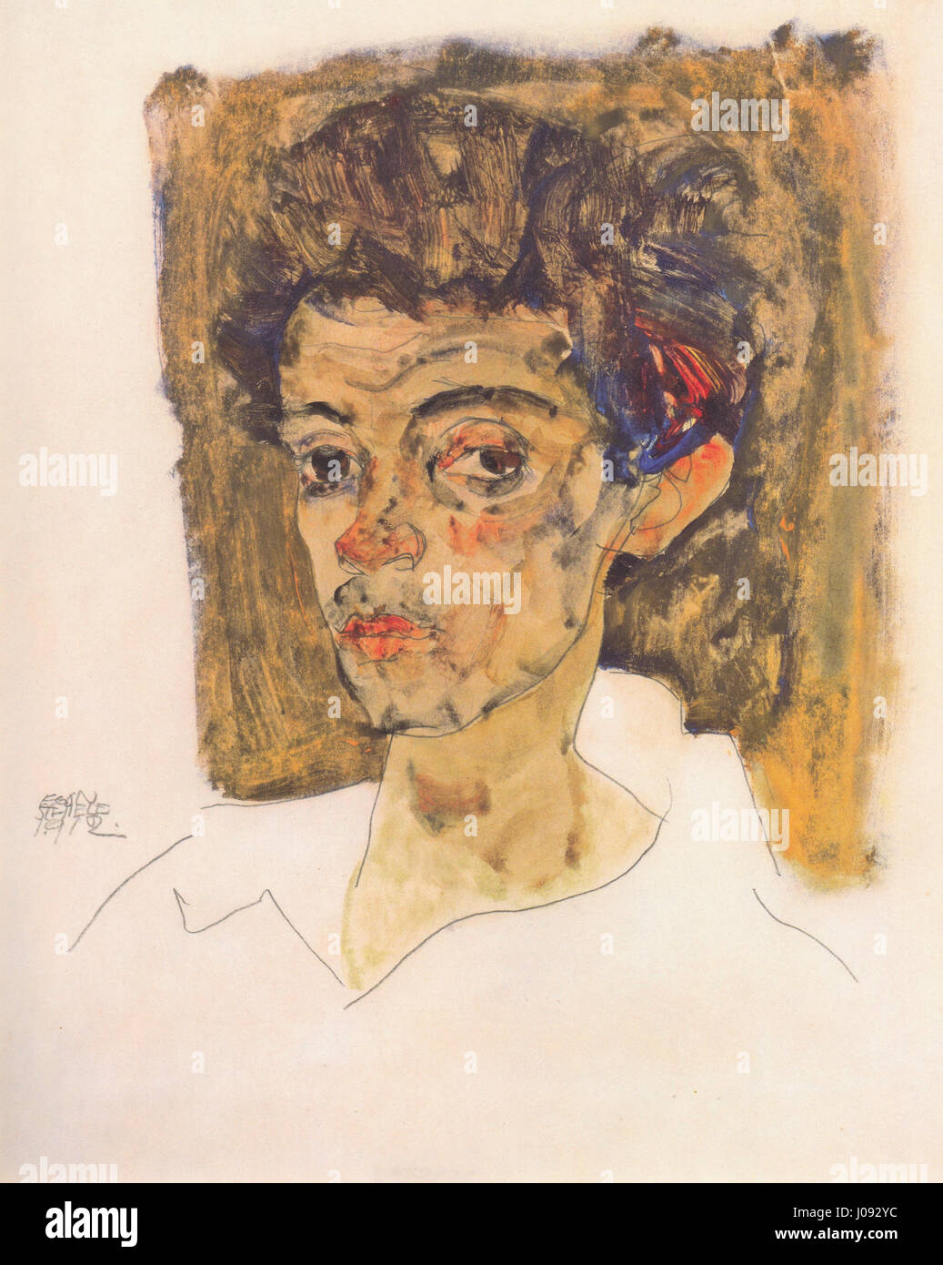 Egon Schiele's 1912 self-portrait features the artist against a brown ...
