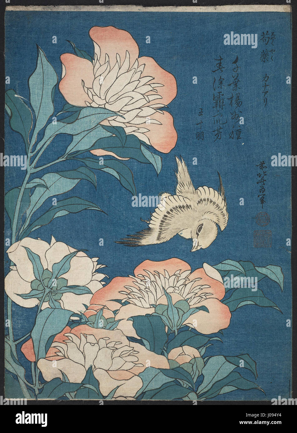 This woodblock print by Katsushika Hokusai features peonies and a ...