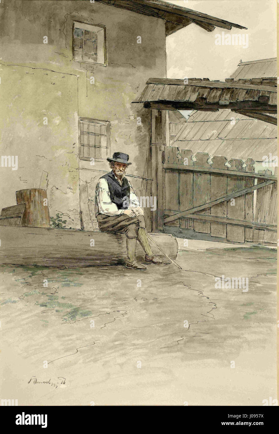 Ladislav Benesch - Starec, sedeč na hlodu na dvorišču Stock Photo - Alamy