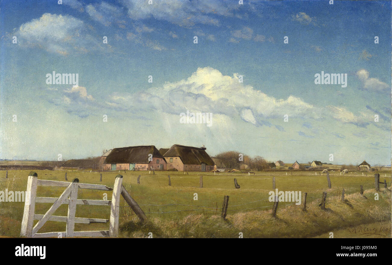 A painting by Laurits Andersen Ring, depicting fenced-in pastures by a ...