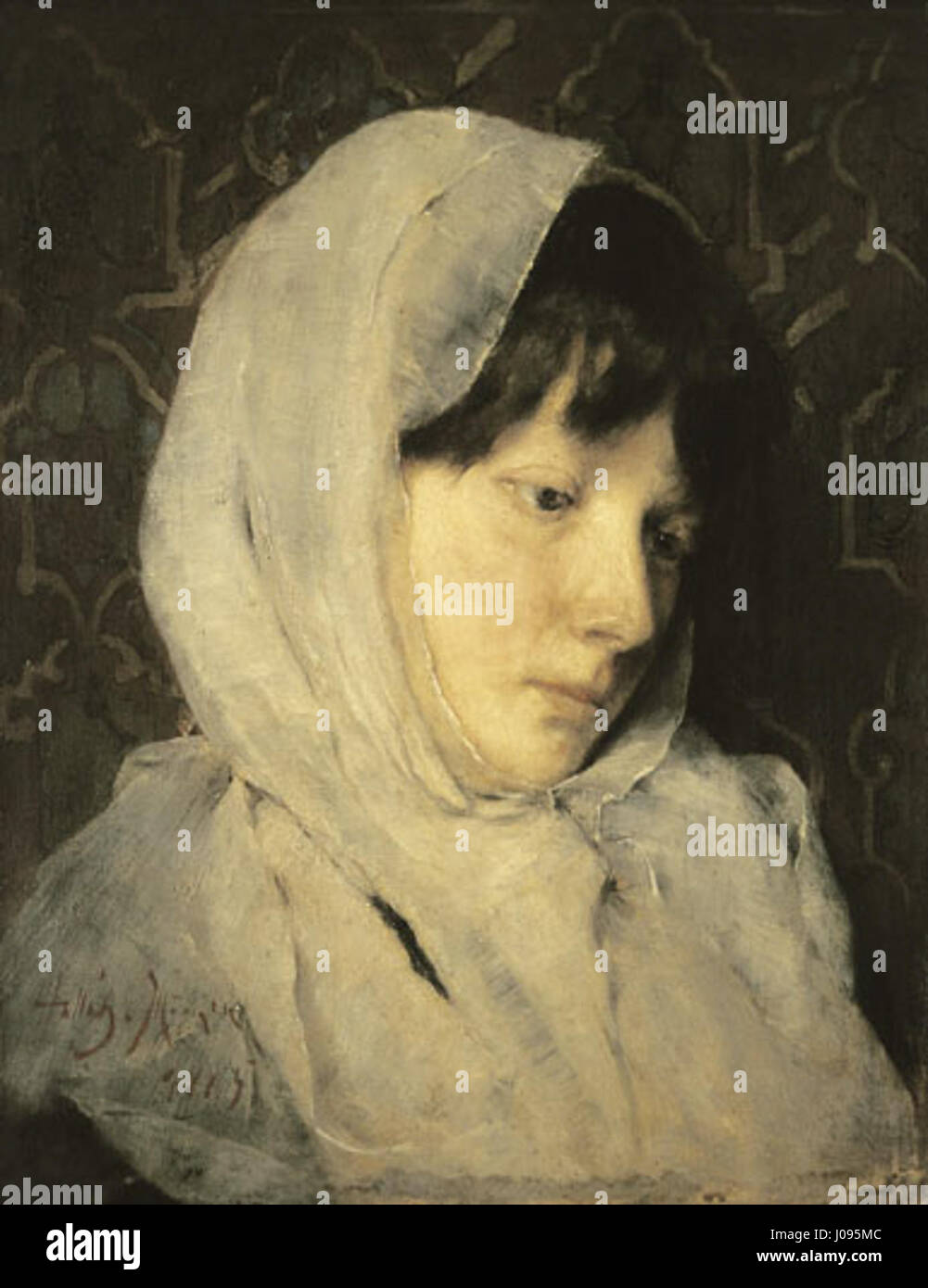 A portrait by Hollósy titled 'Portrait of a Girl' from 1885, capturing ...