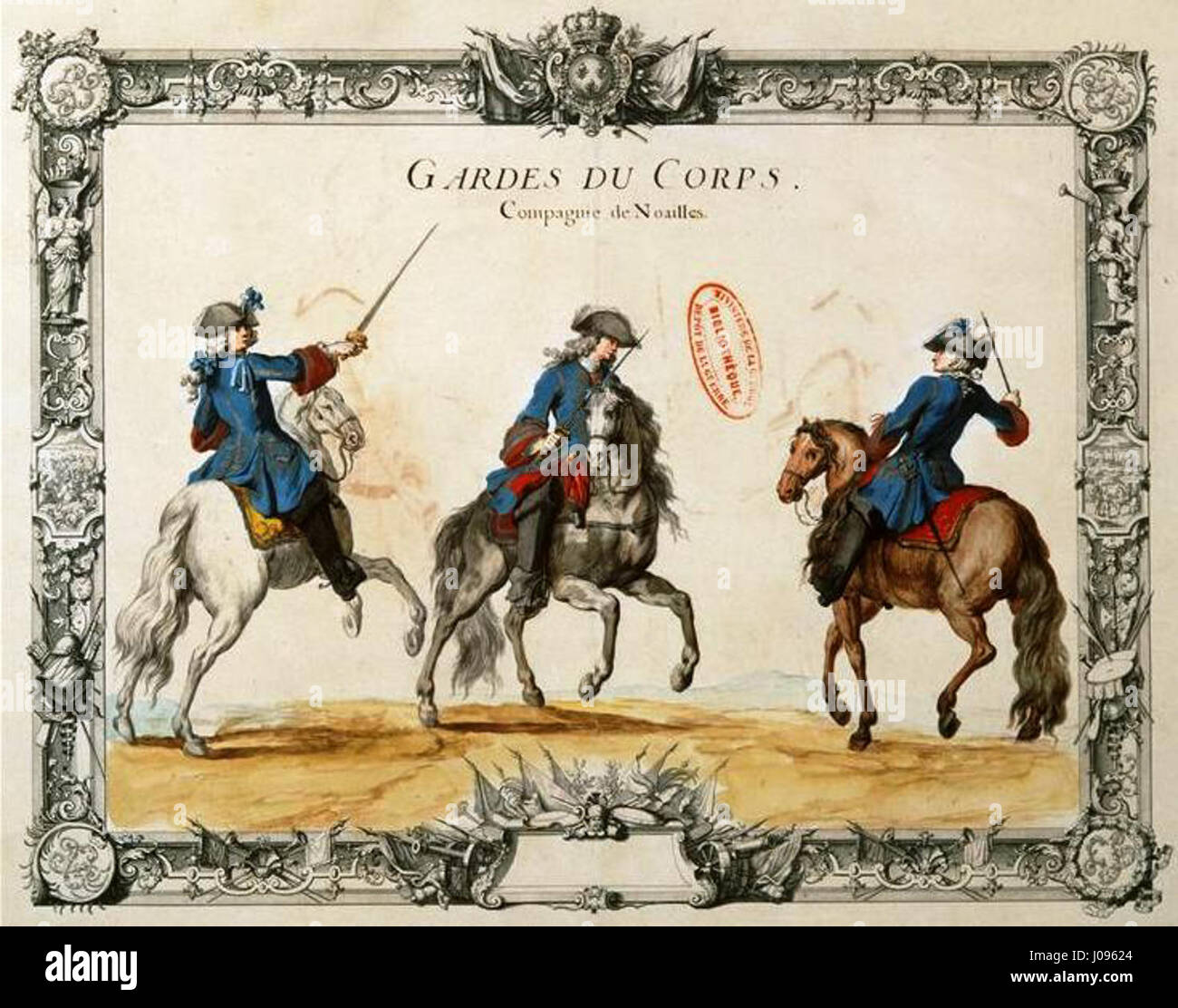 This painting depicts the 'Maison du Roy' guards, mounted on horseback ...