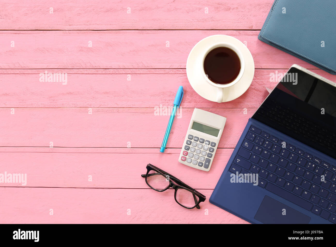 Equipment on desk in a office and copy space for input ideas and ...